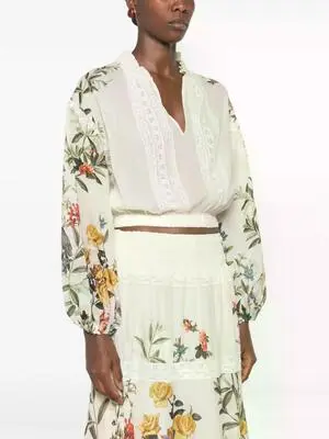 Alice + Olivia Floral Print Lace Trim Cropped Top