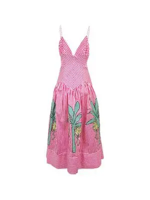 Farm Rio Palm Tree-embroidered Striped Midi Dress - Pink