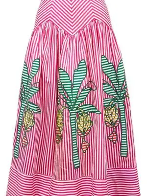 Farm Rio Palm Tree Embroidered Striped Midi Dress - Pink