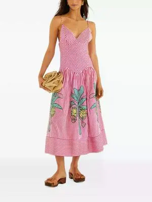 Farm Rio Palm Tree Embroidered Striped Midi Dress - Pink