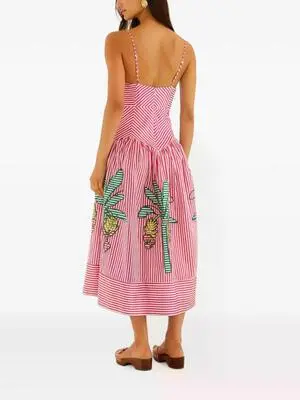 Farm Rio Palm Tree Embroidered Striped Midi Dress - Pink