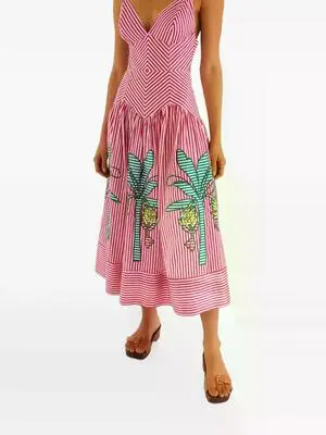 Farm Rio Palm Tree Embroidered Striped Midi Dress - Pink