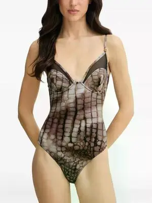Elisabetta Franchi Crocodile-effect Mesh-panel Swimsuit - Brown