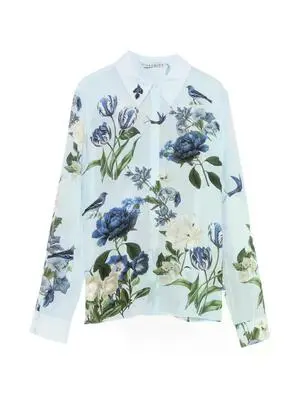 Alice + Olivia Floral Print Bird Motif Shirt - Blue