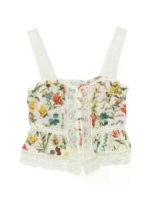 Alice + Olivia Floral Print Lace Trim Peplum Top - Neutrals