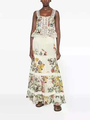 Alice + Olivia Floral Print Lace Trim Peplum Top - Neutrals