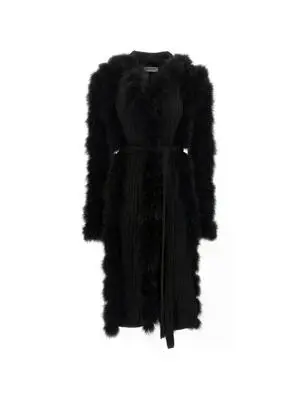 Attico Waist-belt Feather-effect Coat - Black