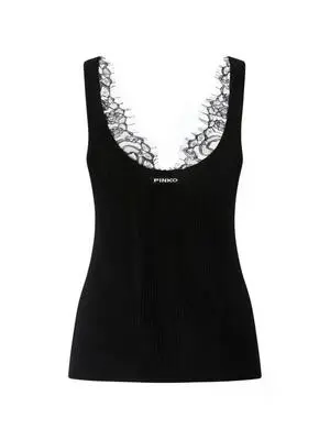 Pinko Lace-trim V-neck Ribbed Top - Black