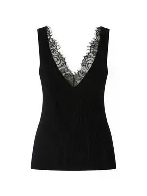 Pinko Lace-trim V-neck Ribbed Top - Black