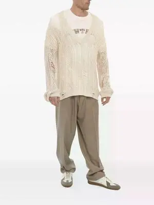 RAMAEL Openwork Distressed Knit V-neck Sweater