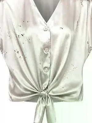 Max & Moi Taupe Beige Satin Paint-splatter Tie-front Shirt