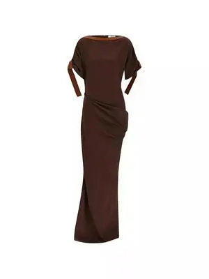 FERRAGAMO Long Viscose Dress With Leather Inserts - Brown