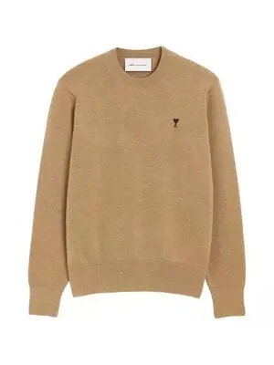 AMI Paris Crewneck Wool Sweater With De Coeur Embroidery - Neutrals