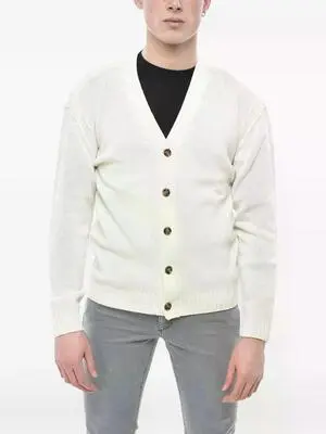 PAOLO PECORA V-neck Cardigan With White Elbow Patches - Neutrals