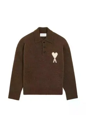 AMI Paris Alpaca Polo With De Coeur - Brown