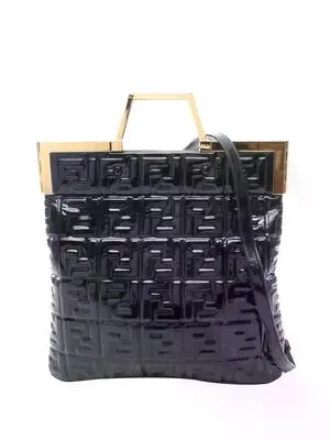 Fendi 2000-2010 Ff 1974 Embossed Patent Shopping Tote Satchel - Black