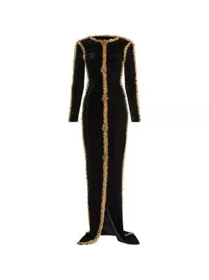 Balmain Long Velvet Dress With Embroidered Trim - Black