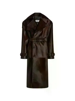 Balmain Belted Pony-effect Leather Coat - Brown