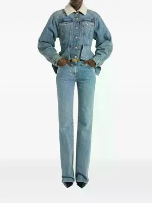 Balmain Faded Denim Peplum Jacket With Shearling Collar