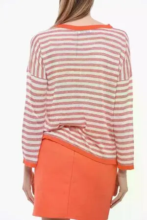 WHYCI Striped V-neck Long Sleeve Sweater - Neutrals