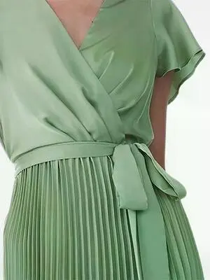 WILLA Pleated Wrap Midi Dress - Green