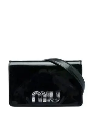 Miu Miu 2010-2026 Patent Crystal Embellished Logo Wallet On Chain Crossbody Bag - Black