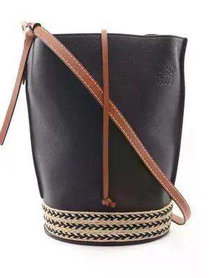 Loewe 2010-2026 Raffia Trimmed Leather Anagram Gate Bucket Bag - Black