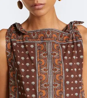 DÔEN Amalia Printed Cotton Voile Top With Tie Shoulder Straps - Brown