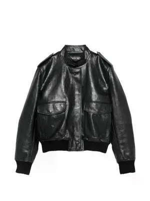 TOM FORD Epaulette Detail Leather Bomber Jacket - Black