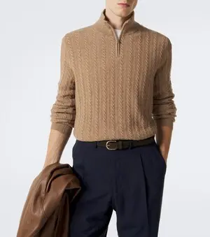 Fedeli Cable-knit Cashmere Quarter Zip Sweater - Brown