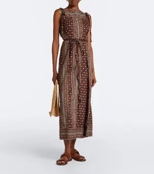 DÔEN Amarante Printed Cotton Voile Midi Dress - Brown