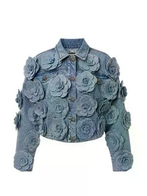 Philipp Plein Cropped Denim Jacket All-over Roses - Blue
