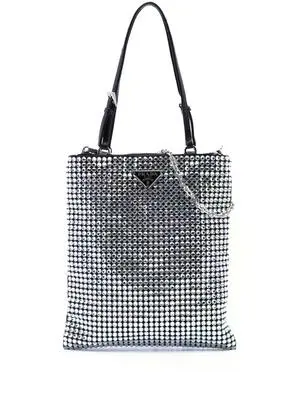 Prada Embellished Crystal Satin Flat Tote Satchel - Black