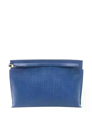 Loewe Large Linen Embossed Calfskin Anagram T Pouch Clutch Bag - Blue