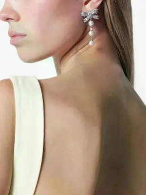 SELF-PORTRAIT Crystal Embellished Bow Drop Earrings With Faux Pearls