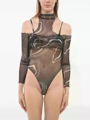JULFER Sheer Abstract Print Cold-shoulder Bodysuit