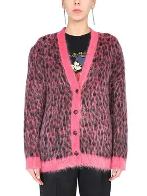 Saint Laurent Leopard Jacquard Cardigan - Pink
