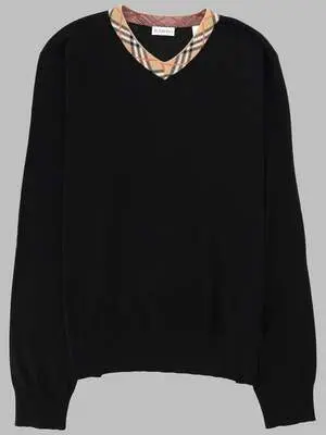 Burberry Maglia In Lana Merino Con Scollo Check - Black