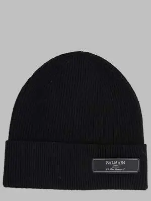 Balmain Wool Beanie With Logo Patch - Black