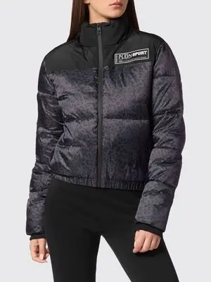 PLEIN SPORT Animal Print Nylon Short Puffer Jacket With High Collar - Black