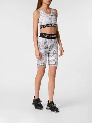 PLEIN SPORT Cropped Tropical Print Jersey Sports Top With Criss-cross Straps - White