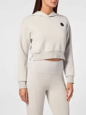 PLEIN SPORT Cropped Hooded Jersey Sweatshirt With Contrasting Logo - Grey