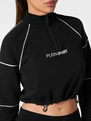 PLEIN SPORT Cropped Zip-up Jersey Sweatshirt With Funnel Neck - Black