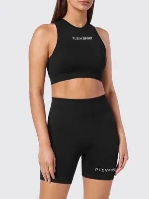 PLEIN SPORT Cropped Slim Fit Jersey Sports Top With Contrasting Logo - Black