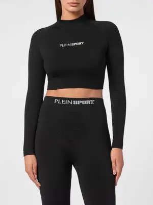 PLEIN SPORT Cropped Long Sleeve Jersey Sports Top With Logo