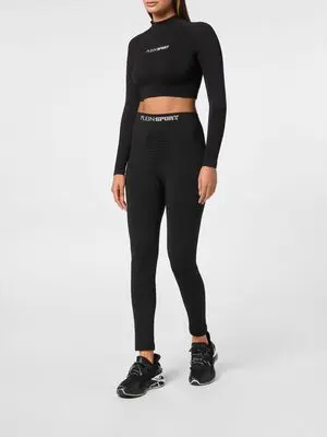 PLEIN SPORT Cropped Long Sleeve Jersey Sports Top With Logo