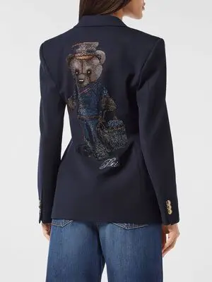 Philipp Plein Marine Double-breasted Wool Blend Blazer With Teddy Bear Print And Rhinestones