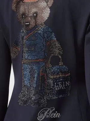 Philipp Plein Marine Double-breasted Wool Blend Blazer With Teddy Bear Print And Rhinestones