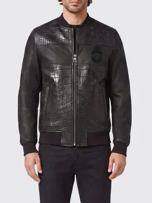 BILLIONAIRE Crocodile And Nappa Leather Bomber Jacket With Crest Logo - Black