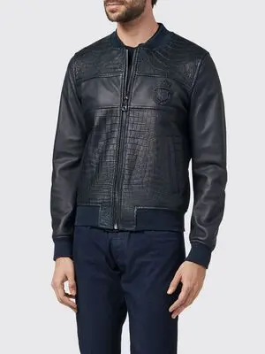 BILLIONAIRE Crocodile And Nappa Leather Bomber Jacket With Crest Logo - Blue